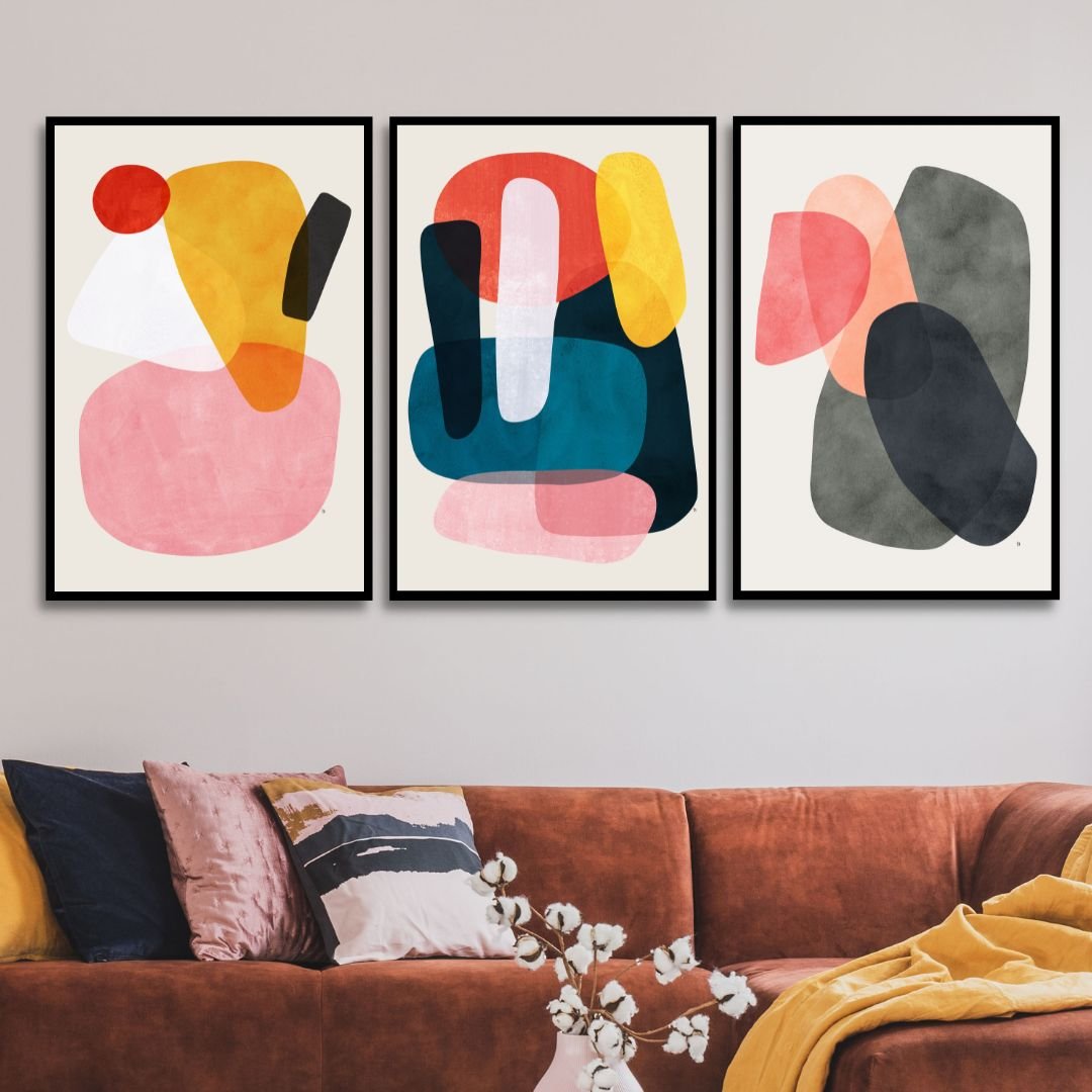 Geometric Pink, Yellow, Red, Gray Shapes Abstract Art - Designity Art