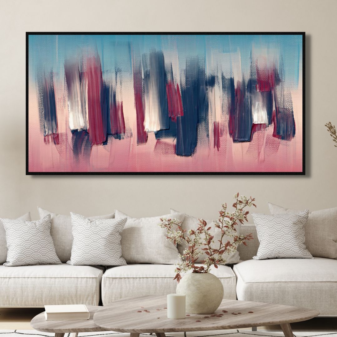 Burgundy and Denim Paint Strokes Abstract Canvas Art - Designity Art